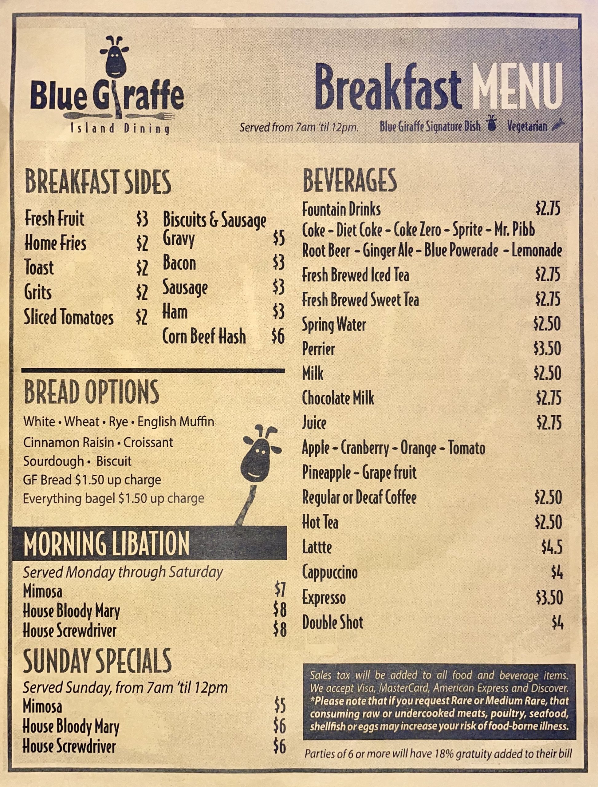 Periwinkle Place Menu – Blue Giraffe Restaurants, Sanibel FL