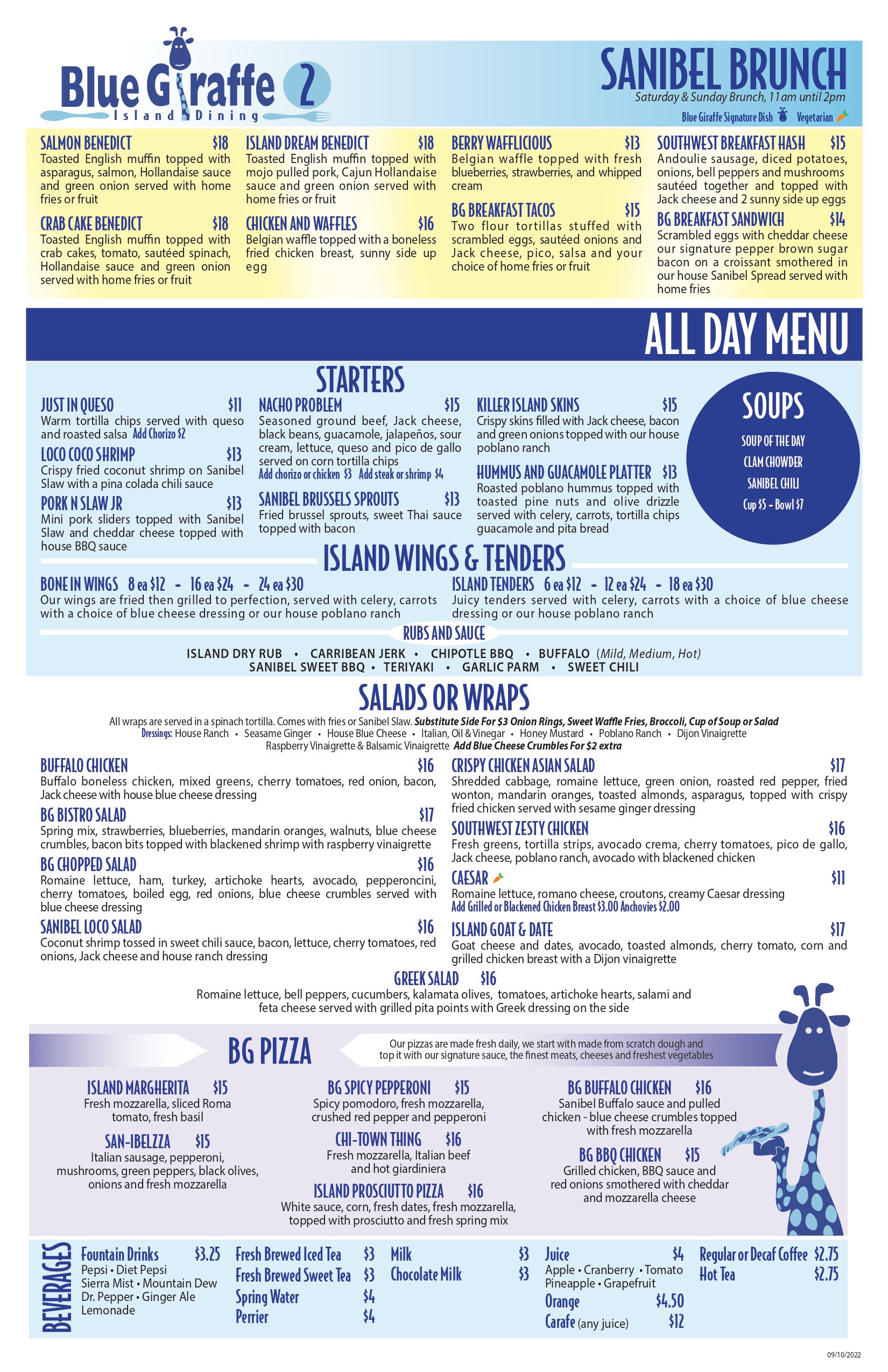 Periwinkle Place Menu – Blue Giraffe Restaurants, Sanibel FL