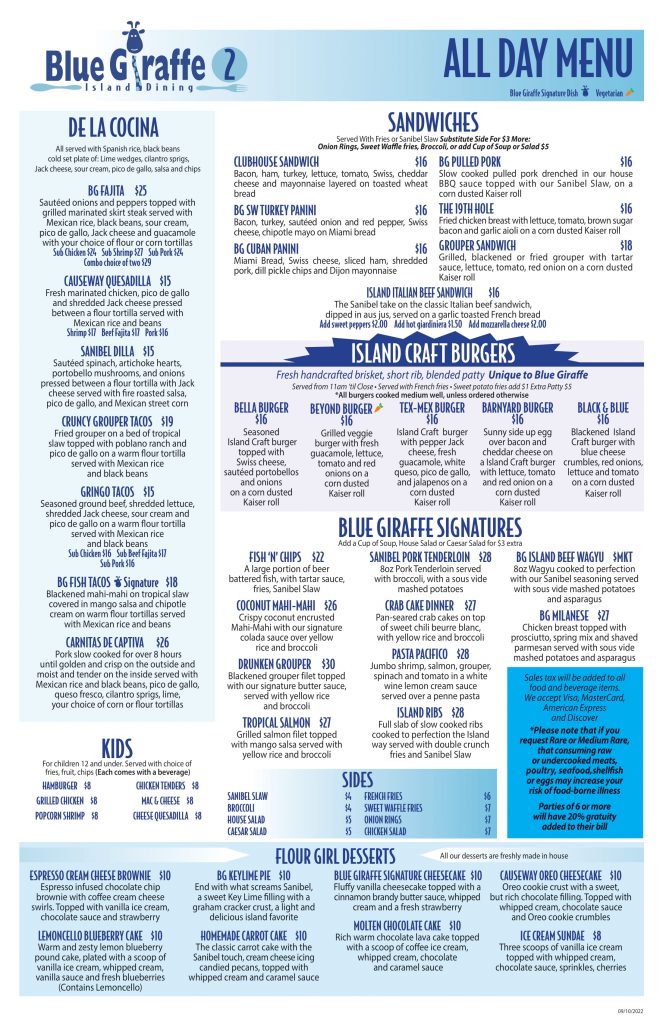 Periwinkle Place Menu – Blue Giraffe Restaurants, Sanibel FL